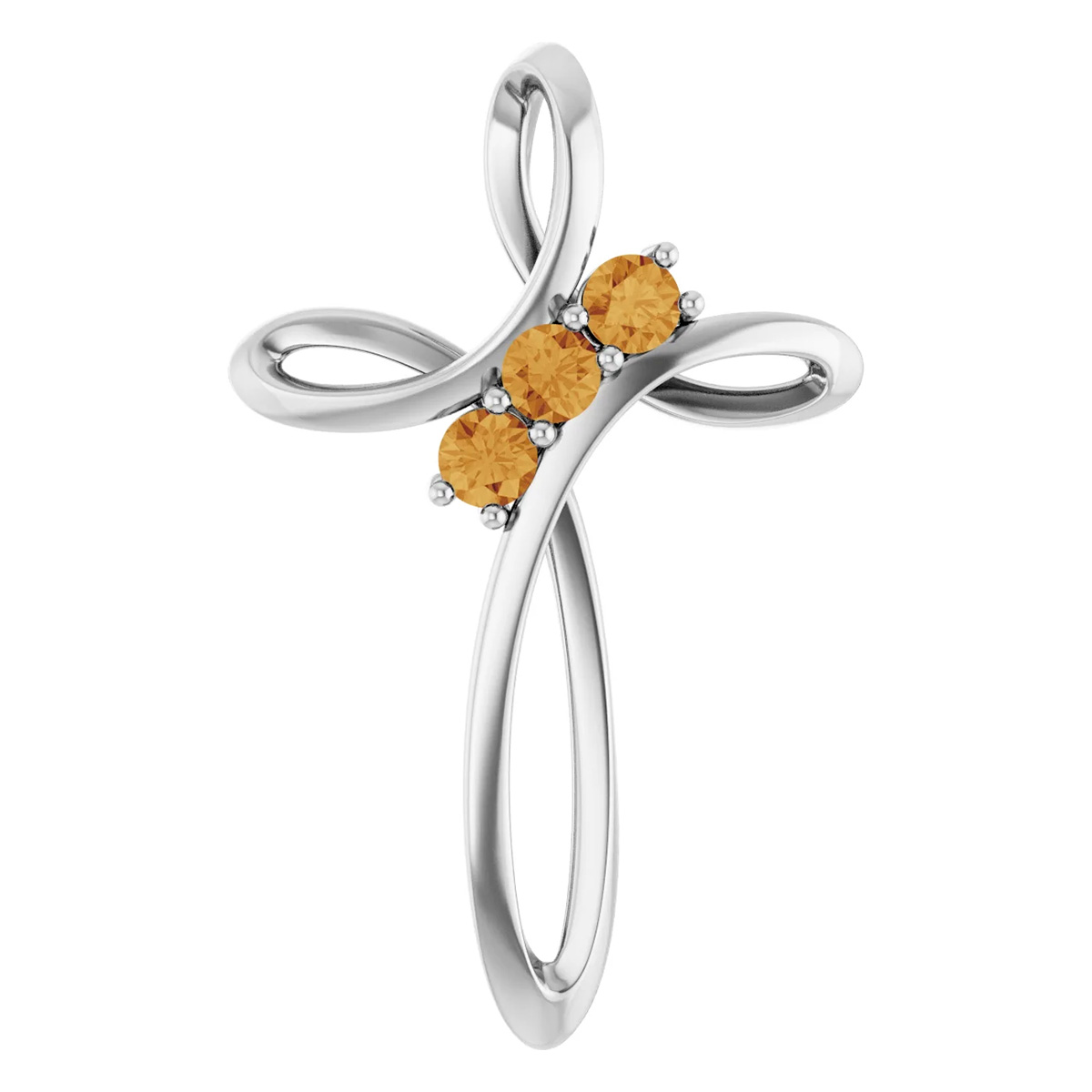 3-Stone Citrine Swirl Cross Pendant in 14K White Gold