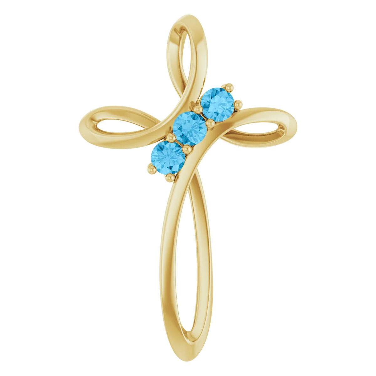 3-Stone Swiss Blue Topaz Swirl Cross Pendant in 14K Gold
