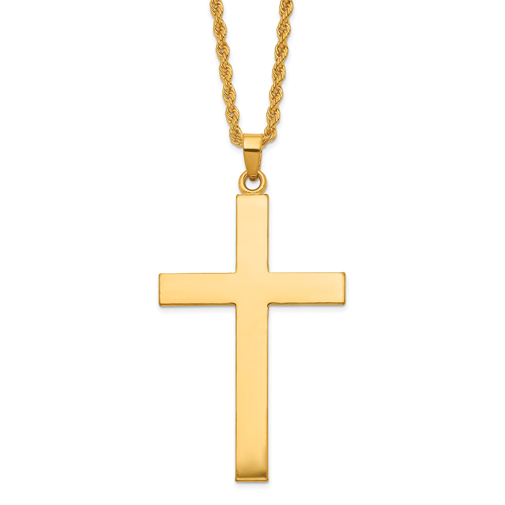 24K Solid Gold Cross Necklace with 22” Rope Chain