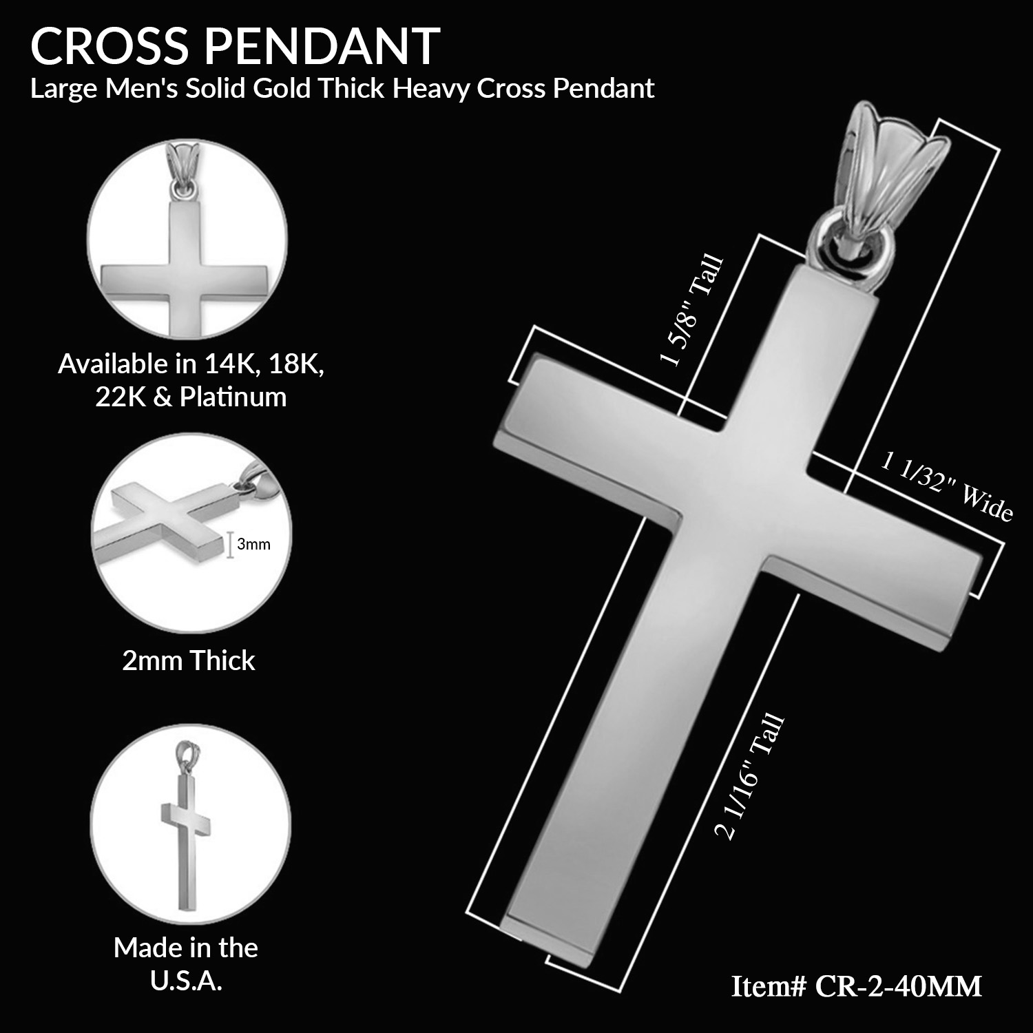 Large Platinum Thick Heavy Cross Pendant for Men