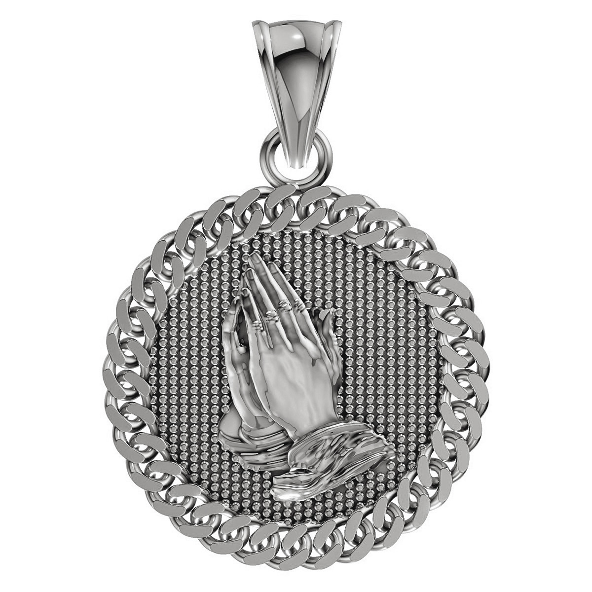 Large Silver Praying Hands Pendant with Link Chain Border for Men