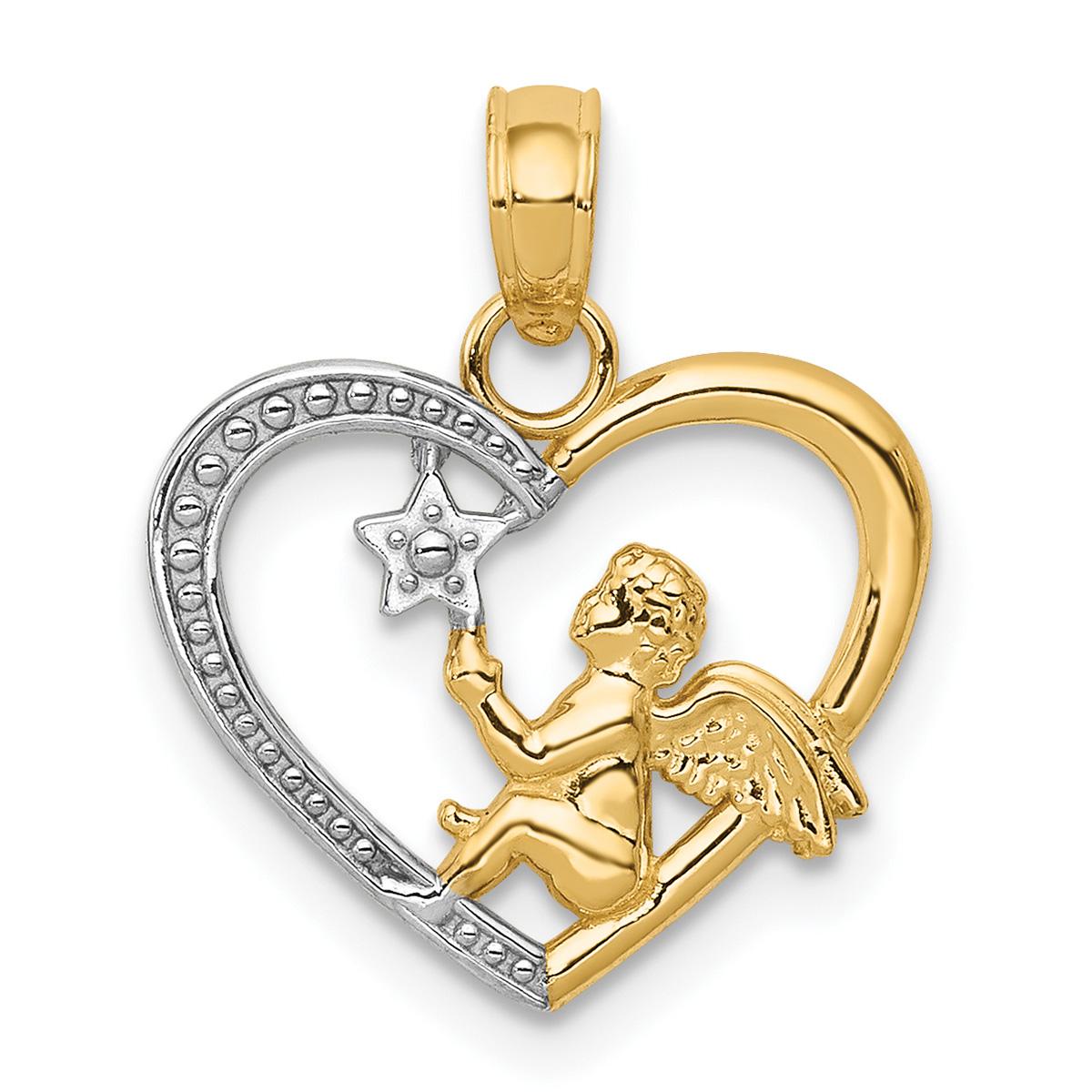 14K Gold Two-Tone Angel with Star Heart Pendant