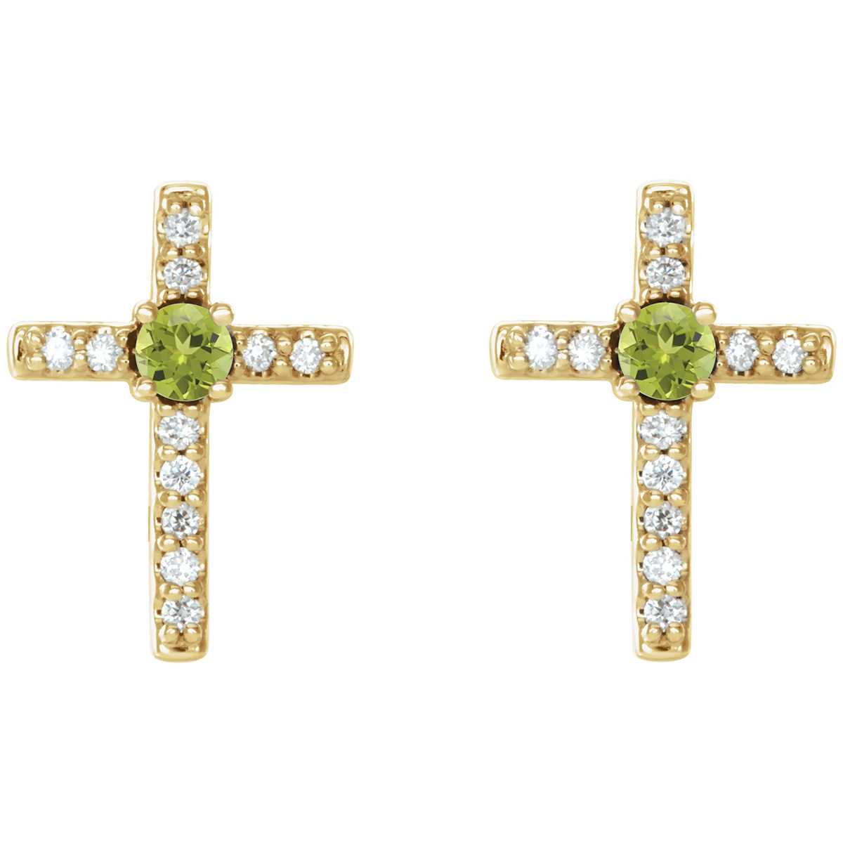 Green Peridot and Diamond Cross Earrings in 14K Gold